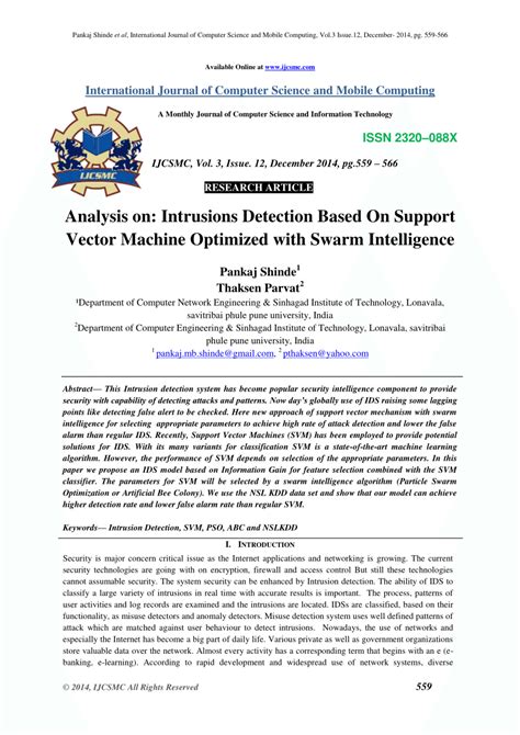 pdf analysis on intrusions detection based on support vector machine optimized with swarm