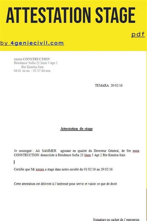 Attestation De Stage Exemple Word Barettes Words Stage