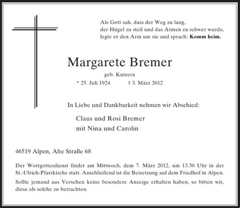 Alle Traueranzeigen für Margareta Bremer trauer rp online de
