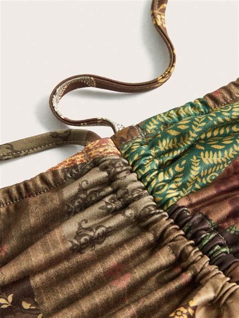 ROMWE Hippie Patchwork Print Drawstring Ruched Skirt SHEIN USA