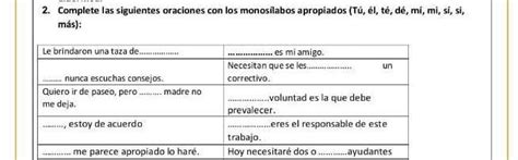 completa las siguientes oraciones con los monosílabos apropiados tú el