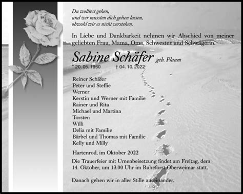 Traueranzeigen von Sabine Schäfer vrm trauer de