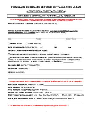 Fillable Online FORMULAIRE DE DEMANDE DE PERMIS DE TRAVAIL P2 DE LA Fax