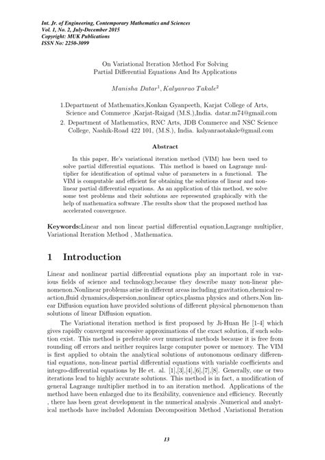 pdf on variational iteration method for solving partial differential equations and its