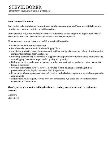 Supply Chain Coordinator Cover Letter Velvet Jobs