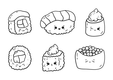 Set Of Linear Kawaii Sushi And Rolls Vector Coloring Book Of Cute