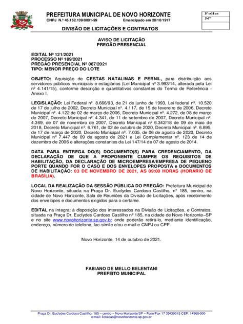 Preenchível Disponível publicacao novohorizonte sp gov OBJETO Aquisio