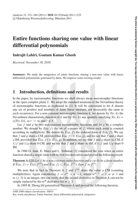 pdf entire functions sharing one value with linear differential polynomials
