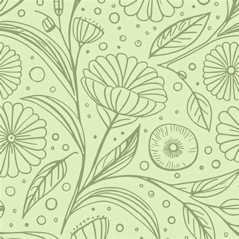Abstract Monochromatic Soft Green Hand Drawn Flowers Texture Pattern
