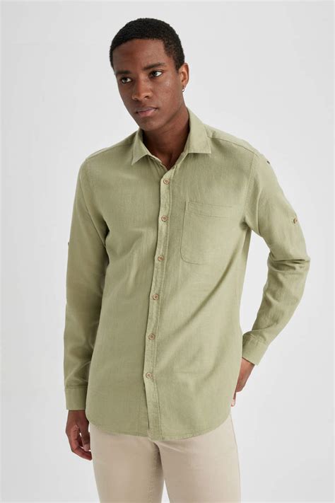 Yeşil Erkek Slim Fit Basic Keten Görünümlü Uzun Kollu Gömlek 2794534