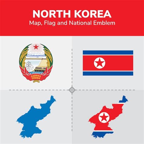 Mapa Da Coreia Do Norte Bandeira E Emblema Nacional Vetor Premium