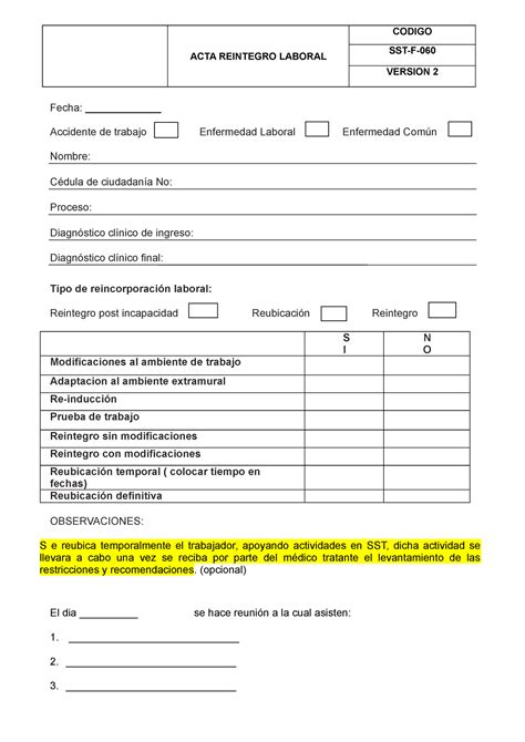 SST F 060 Formato DE Reintegro Laboral ACTA REINTEGRO LABORAL CODIGO