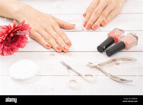 Nail Care And Manicure Beautiful Female Hands With Pink Nail Polish