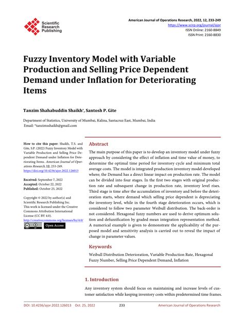 pdf fuzzy inventory model with variable production and selling price dependent demand under