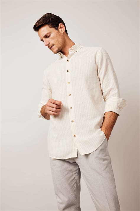 Beyaz Erkek Modern Fit Polo Yaka Çizgili Keten Karışımlı Uzun Kollu