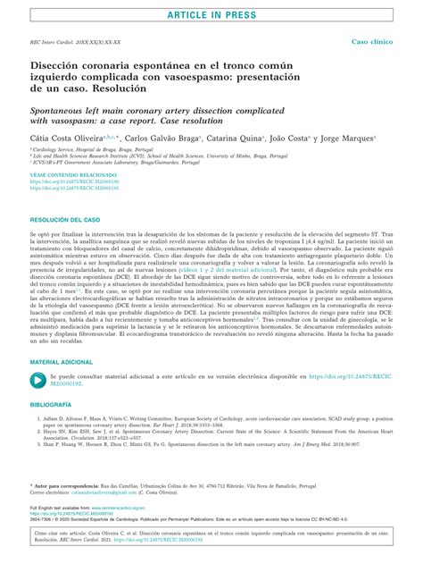 PDF Disecci N Coronaria Espont Nea En El Tronco N Izquierdo
