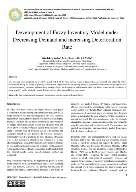 pdf development of fuzzy inventory model under decreasing demand and increasing deterioration rate