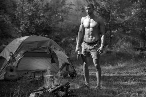 Camping Season With Campfire Man With Naked Torso Picnic Tourism Camp