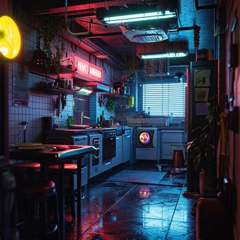 Premium Photo There Is A Kitchen With A Lot Of Counter Space And Neon
