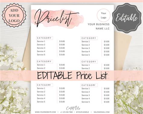 Editable PRICE LIST Template Printable Price Sheet Price Etsy
