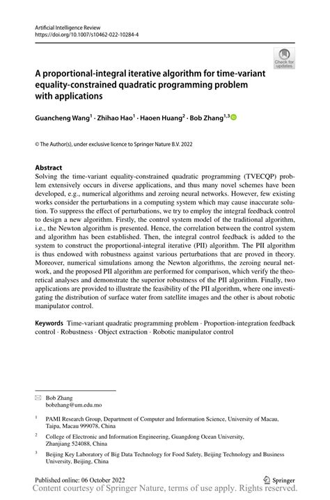 a proportional integral iterative algorithm for time variant equality constrained quadratic