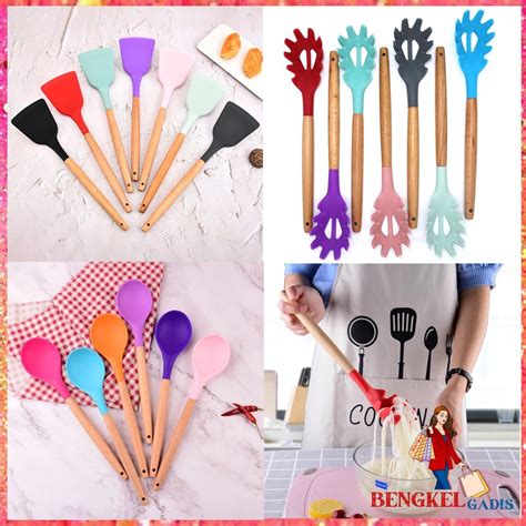 Jual Sutil Silicon Gagang Kayu Peralatan Masak Utensil Silikon Spatula