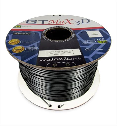 Filamento ABS Preto Premium MG94 GTMax 3D 1 75mm 1KG Loja 3D