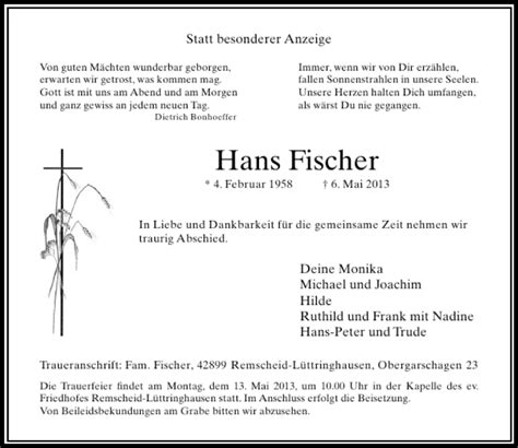 Alle Traueranzeigen für Hans Fischer trauer rp online de