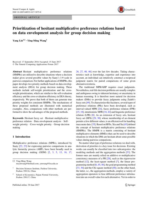 pdf prioritization of hesitant multiplicative preference relations based on data envelopment