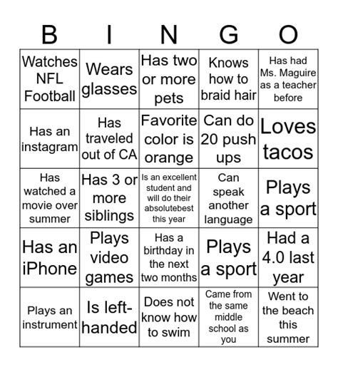 First Week Bingo Card