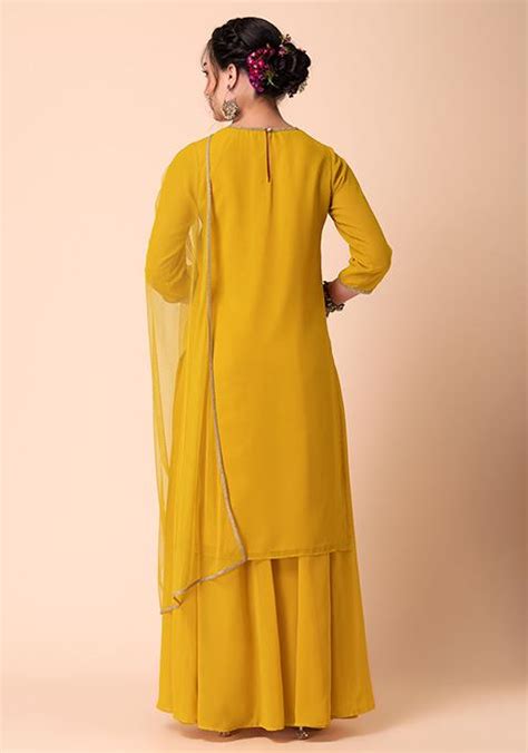 Buy Women Mustard Yellow Sequin Embroidered Kurta With Pants And