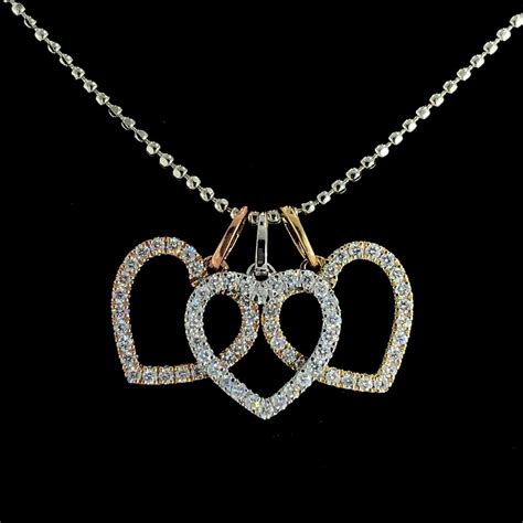 14k Rose White Yellow Gold Triple Heart Pendant Love Heart Necklace