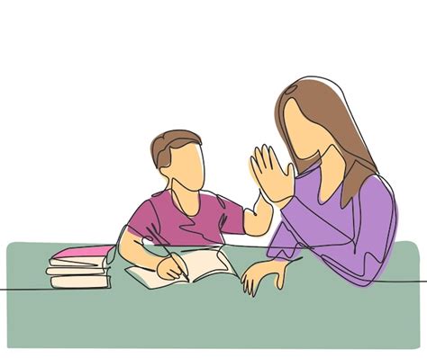 Un dibujo de una sola línea de una joven madre feliz acompaña a su hijo
