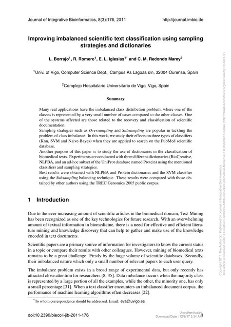 pdf improving imbalanced scientific text classification using sampling strategies and dictionaries