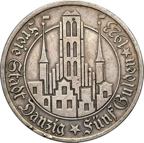 Wolne Miasto Gdańsk Danzig 5 Guldenów 1923 Kościół NMP archiwum