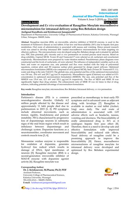pdf development and ex vivo evaluation of rasagiline mesylate mucoadhesive microemulsion for