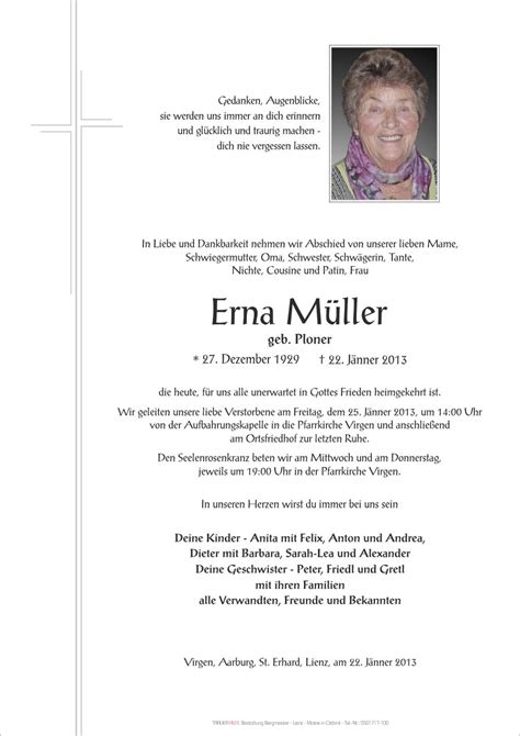 Todesanzeige Erna Müller Trauer Link