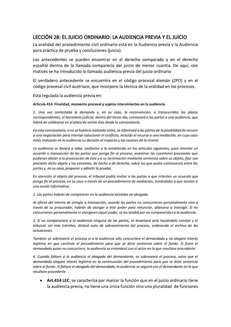 Lección 28 y 29 LECCIÓN 28 EL JUICIO ORDINARIO LA AUDIENCIA PREVIA