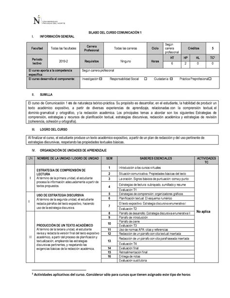 LENG 1001 mnnv SILABO DEL CURSO COMUNICACIÓN 1 I INFORMACIÓN