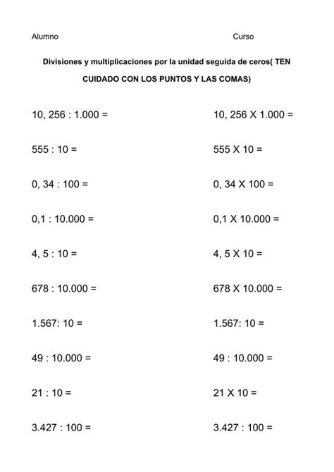 Divisiones Y Multiplicaciones Por La Unidad Seguida De Ceros Worksheet