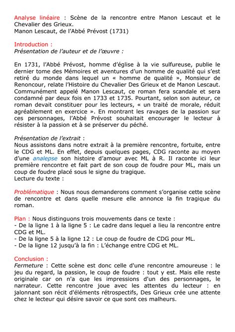 Analyse linéaire Scène de la rencontre entre Manon Lescaut et le