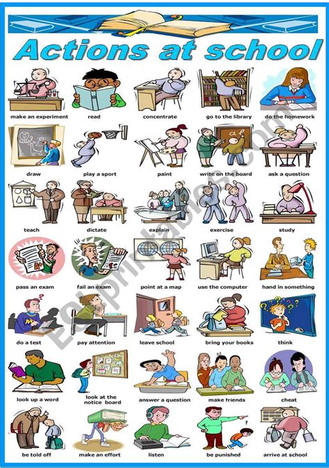 ACTIONS AT SCHOOL PICTIONARY B W VERSION INCLUDED ESL Worksheet