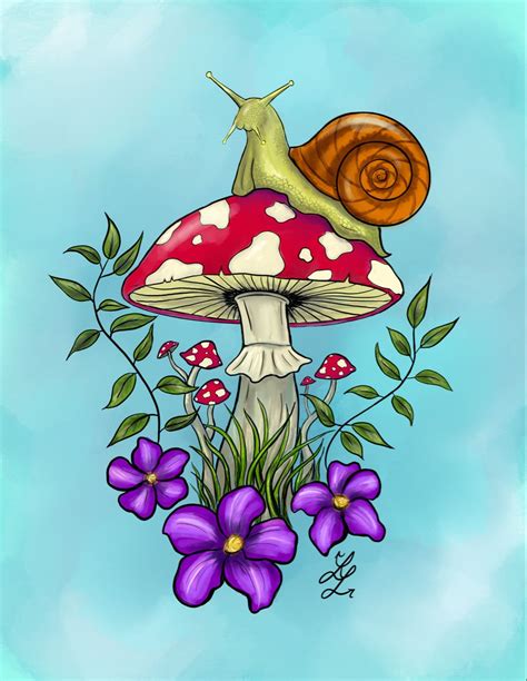 Snail On Mushroom Surrounded By Flowers And Leaves Mushroom Drawing