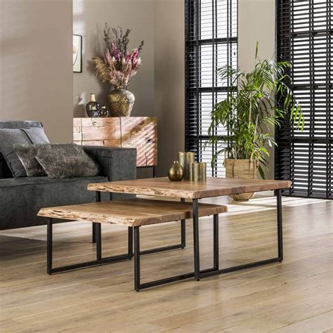 Ensemble de 2 tables basses industrielles en bois d acacia et métal