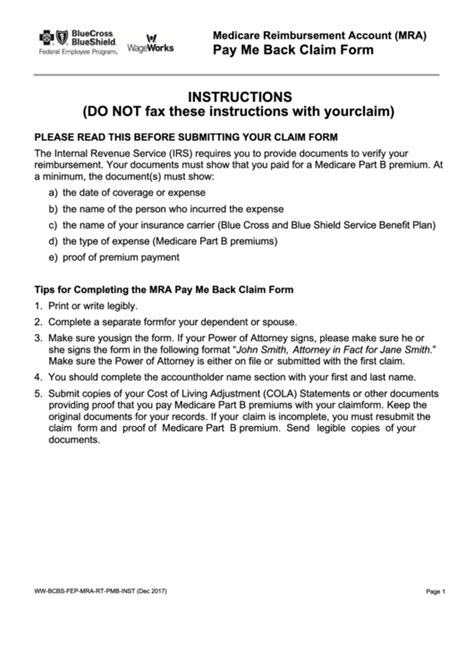 Fillable Pay Me Back Claim Form Medicare Reimbursement Account Mra