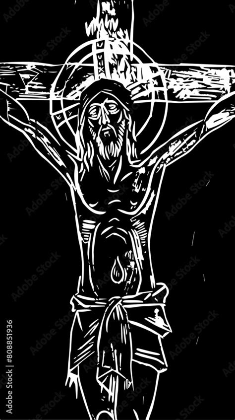 Jesus Christ On The Cross Dark Engraving On Wood Black Nocolor Vector Shape Clipart