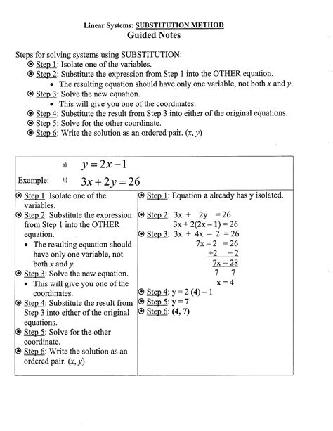 solving a system of linear equations by substitution method guided notes and examples kimberly