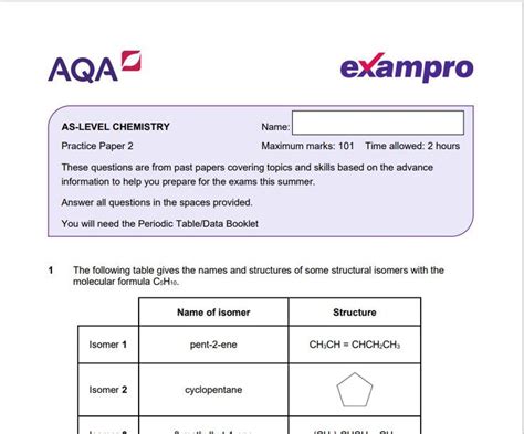 Aqa AS LEVEL CHEMISTRY 2022 Exampro Practice Papers 1 2 Question