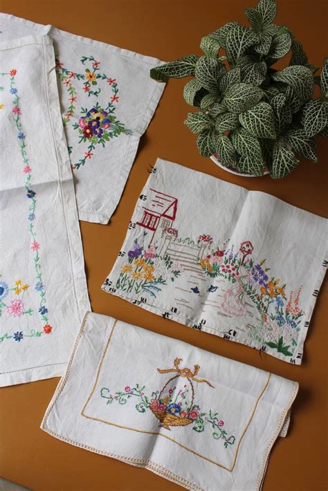4 Vintage Embroidered Linen Tray Cloths Linen Embroidered Vintage