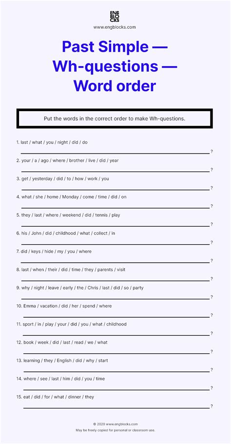 Past Simple Wh Questions Word Order ESL Worksheets Simple Past